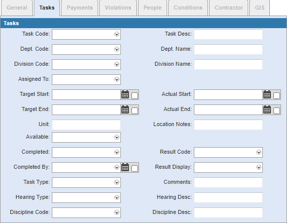 Tasks Search Tab Fields